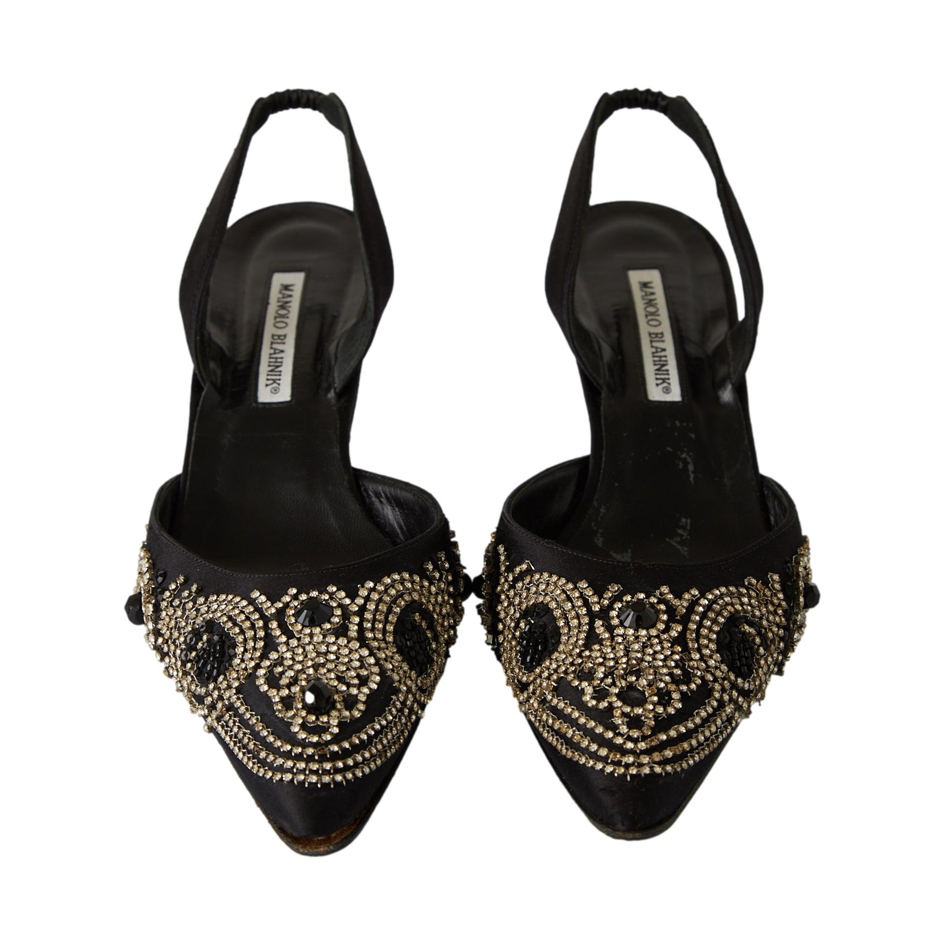 Manolo Blahnik Black Satin Rhinestone Kitten Heels – Treasures of NYC