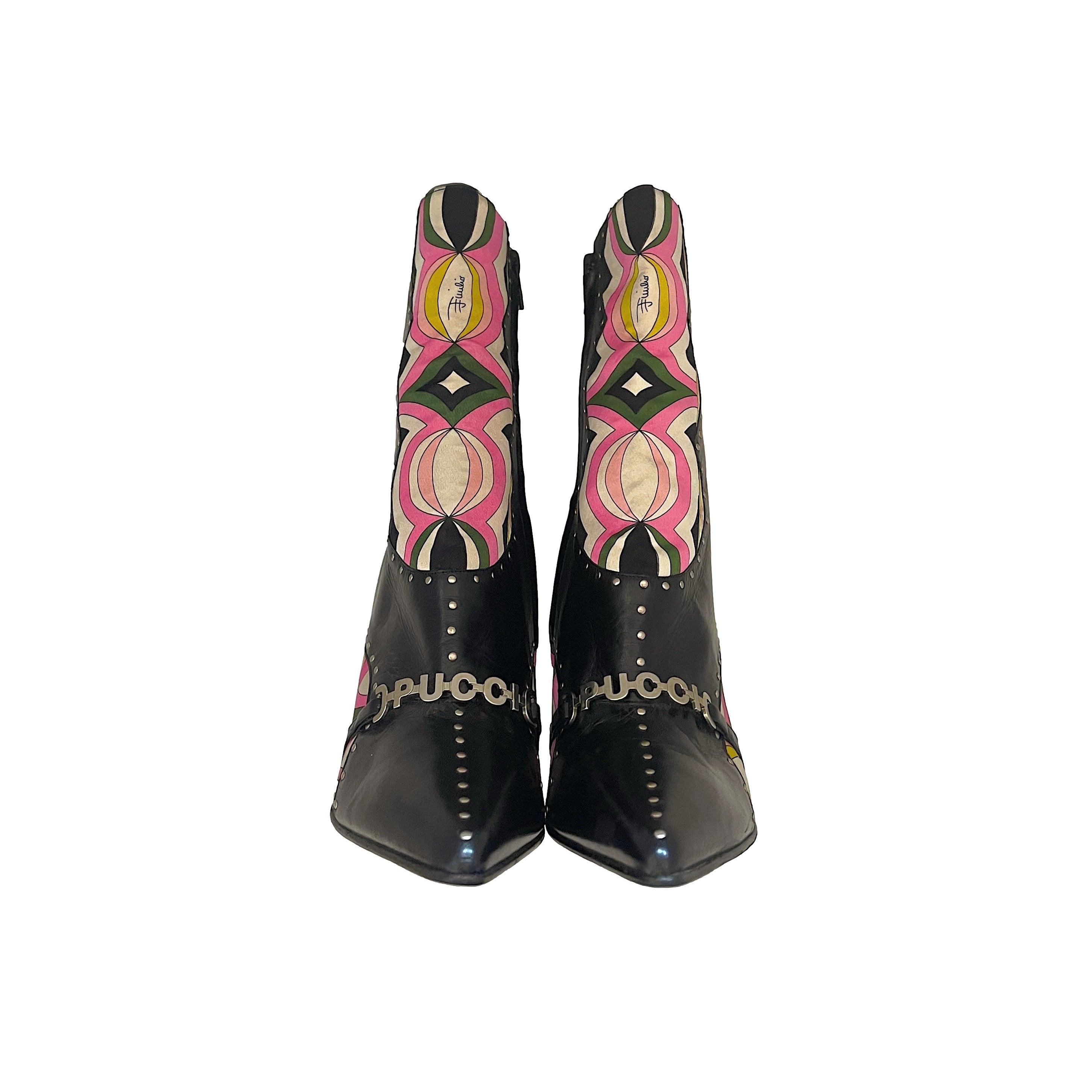 Treasures of NYC - Pucci Black Logo Silk Heeled Boots